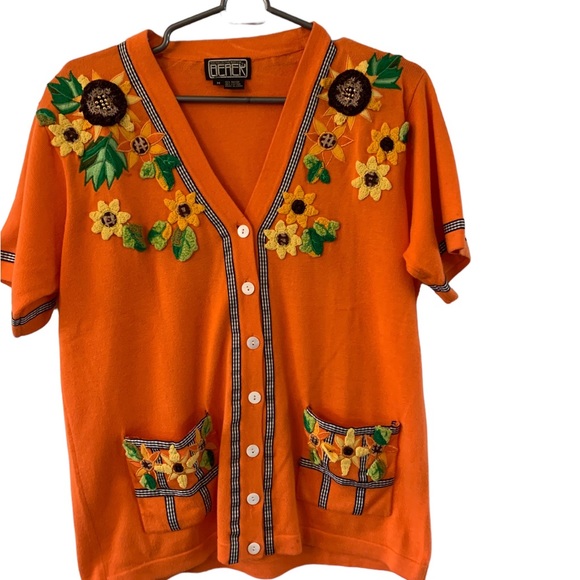 berek | Tops | Vintage Berek Womens Orange Sunflower Embroidered ...